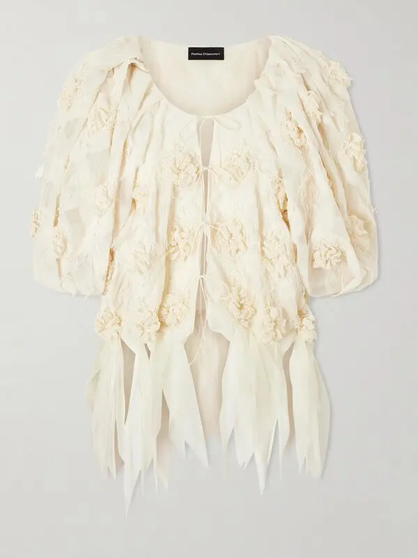 PAULINE DUJANCOURT Lace-trimmed Embroidered Organza Jacket - Neutrals