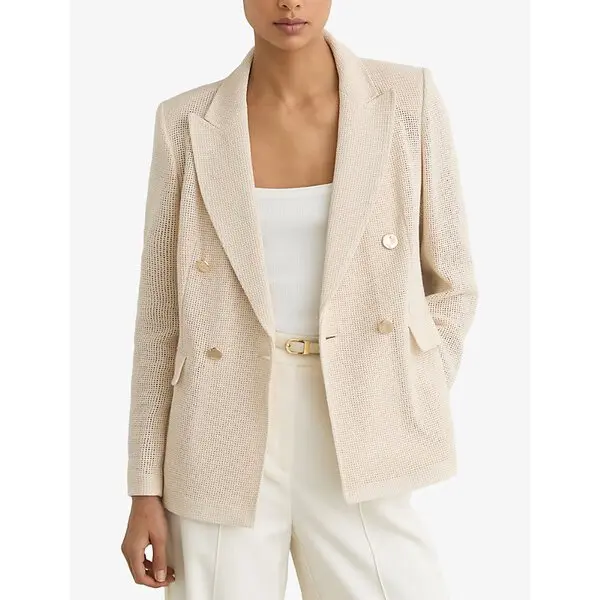 REISS Open-weave Double-breasted Cotton-blend Blazer