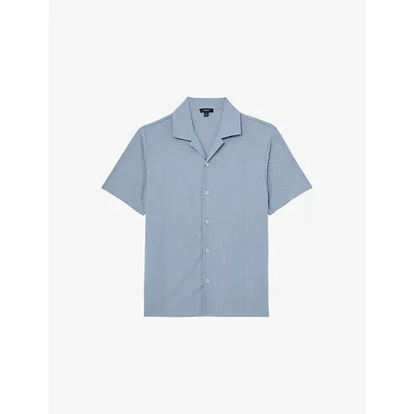 REISS Frederick Cuban-collar Jacquard Stretch-woven Shirt - Soft Blue