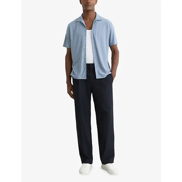 REISS Frederick Cuban-collar Jacquard Stretch-woven Shirt - Soft Blue