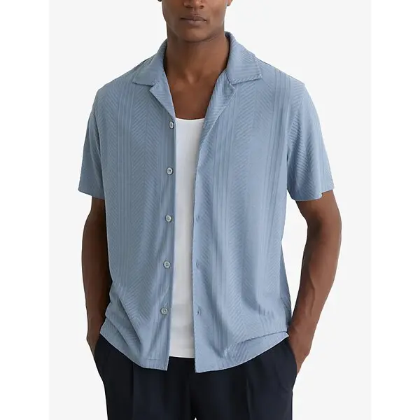 REISS Frederick Cuban-collar Jacquard Stretch-woven Shirt - Soft Blue