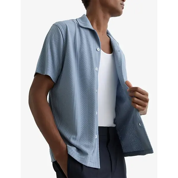 REISS Frederick Cuban-collar Jacquard Stretch-woven Shirt - Soft Blue