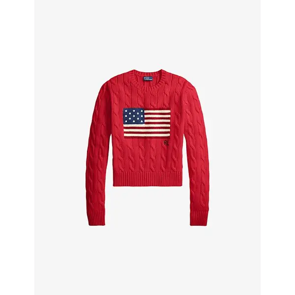 Polo Ralph Lauren Flag-intarsia Cable-knit Cotton Jumper - Rl2000 Red