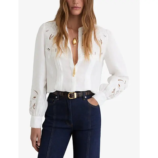 REISS Ida Floral-embroidered Linen Blouse