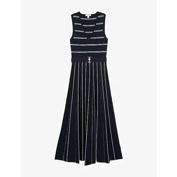 REISS Mallory V-neck Striped Midi Dress - Navy Ivory