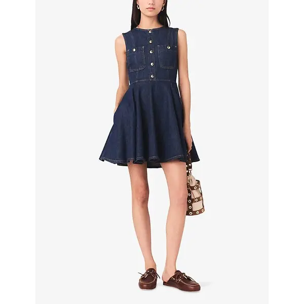 Maje Button-up Flared Denim Mini Dress - Navy
