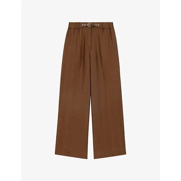 Maje Wide-leg Belted Linen Trousers - Brown