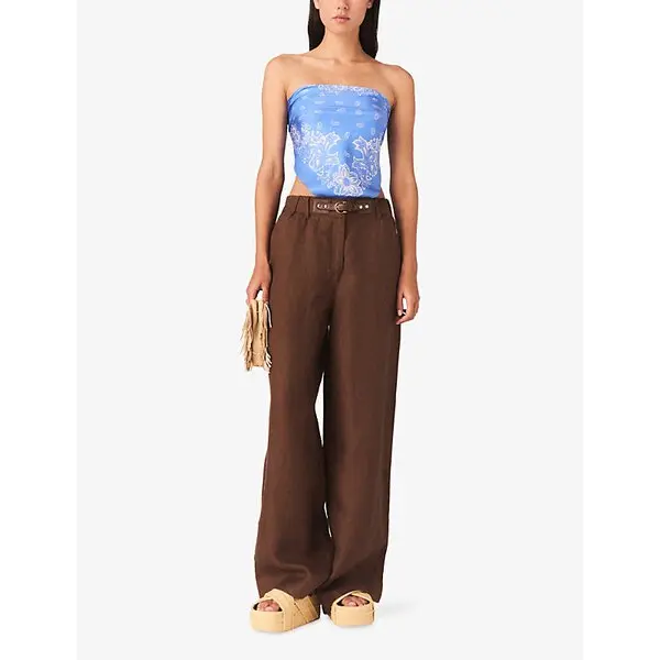 Maje Wide-leg Belted Linen Trousers - Brown