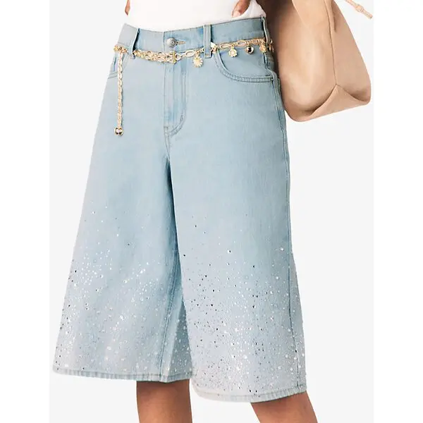 Maje Rhinestone-embellished Denim Bermuda Shorts - Blue Sky