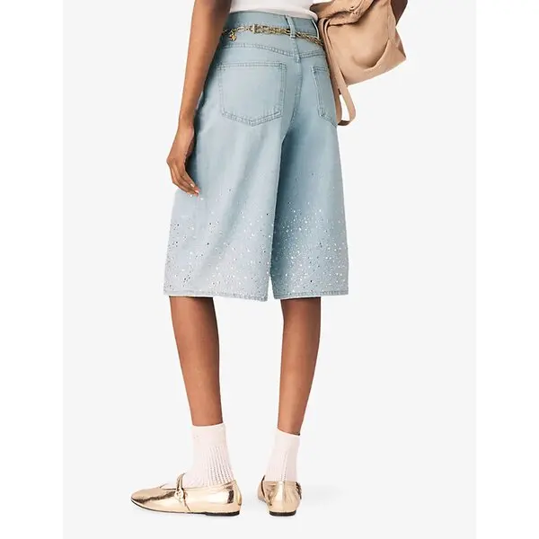 Maje Rhinestone-embellished Denim Bermuda Shorts - Blue Sky
