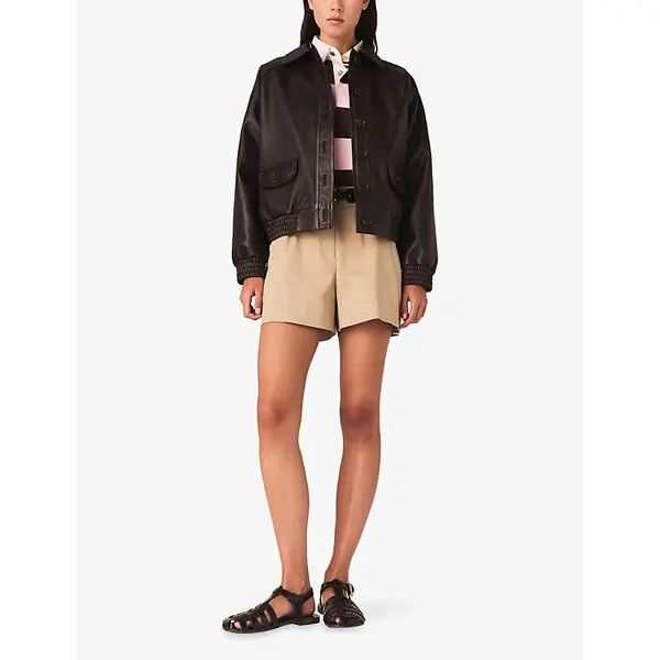 Maje Straight-leg Cotton Shorts With Buckle Detail - Camel