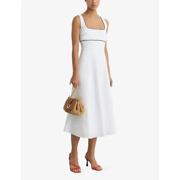 REISS Dorethea Contrast-trim Linen Midi Dress - Ivory