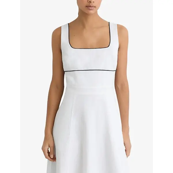 REISS Dorethea Contrast-trim Linen Midi Dress - Ivory