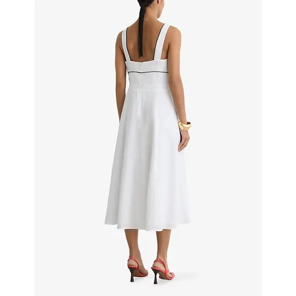 REISS Dorethea Contrast-trim Linen Midi Dress - Ivory