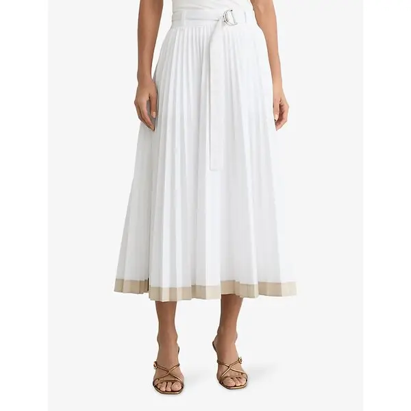 REISS Allora Pleated Woven Midi Skirt - Ivory
