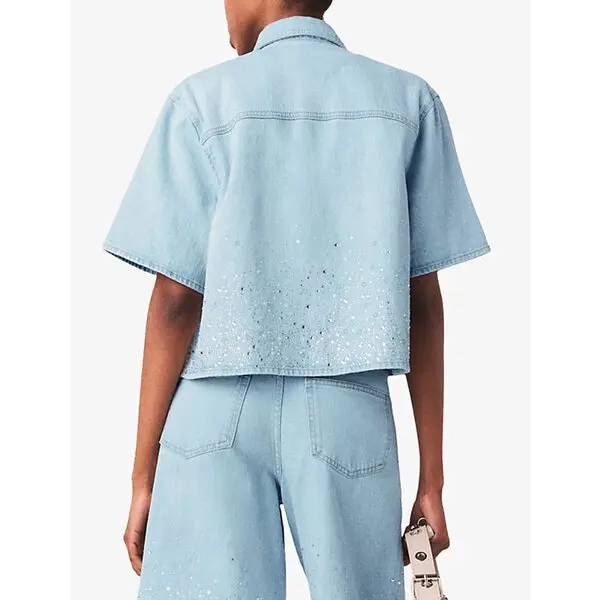 Maje Short-sleeved Rhinestone-embellished Denim Shirt - Blue Sky
