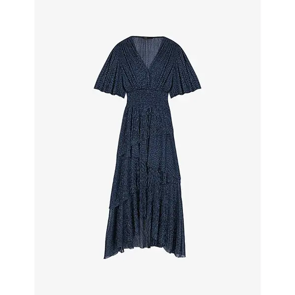 Maje V-neck Ruffled Maxi Dress - Navy