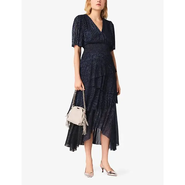 Maje V-neck Ruffled Maxi Dress - Navy