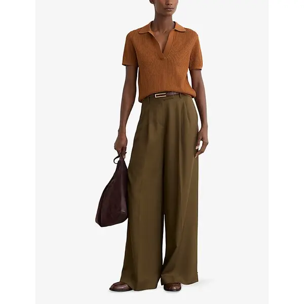 REISS Pippa Open-stitch Woven Polo Shirt - Rust Orange