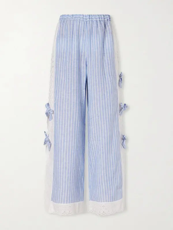 Loretta Caponi Clarissa Bow-embellished Striped Linen Pants - Blue