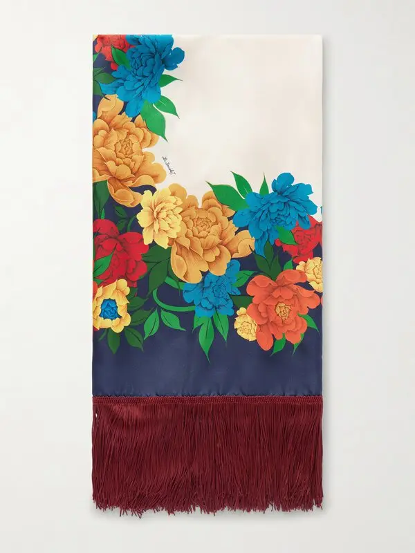 La DoubleJ Fringed Floral-print Silk-twill Scarf - Red