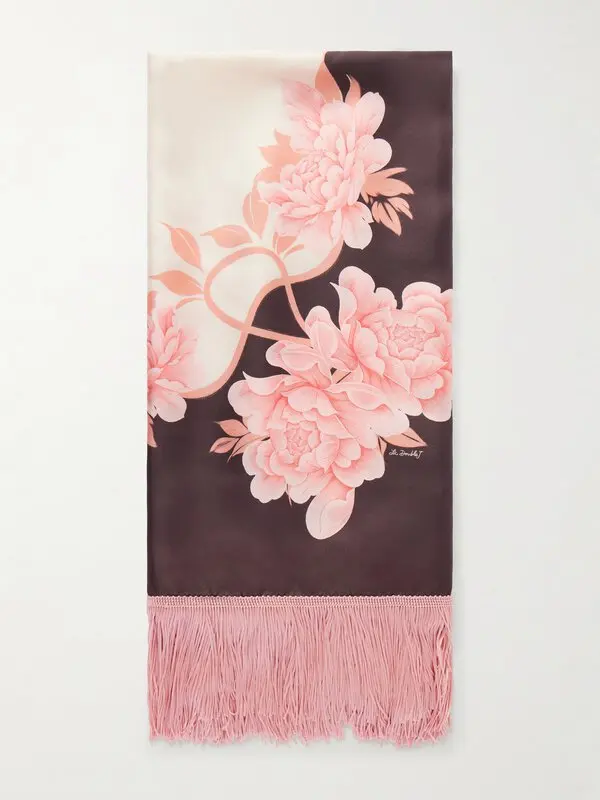 La DoubleJ Fringed Floral-print Silk-twill Scarf - Pink