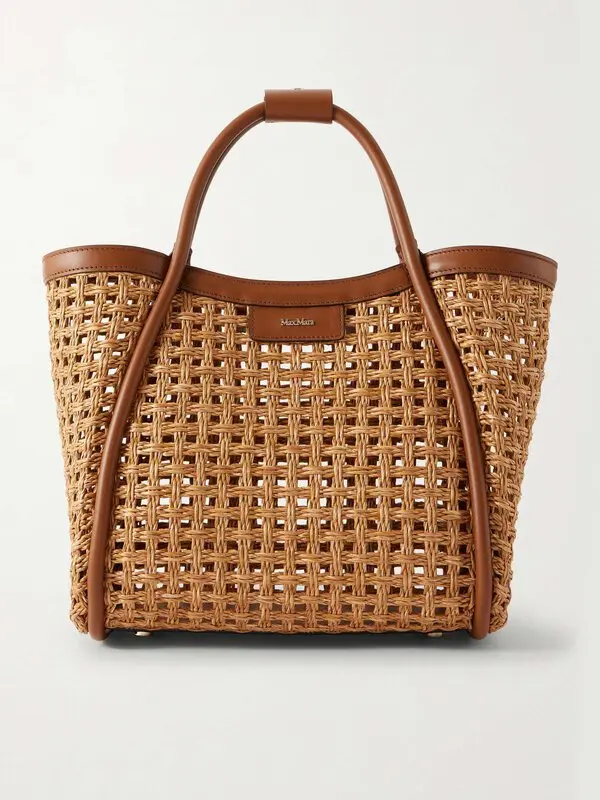 Max Mara Leather-trimmed Woven Raffia Tote