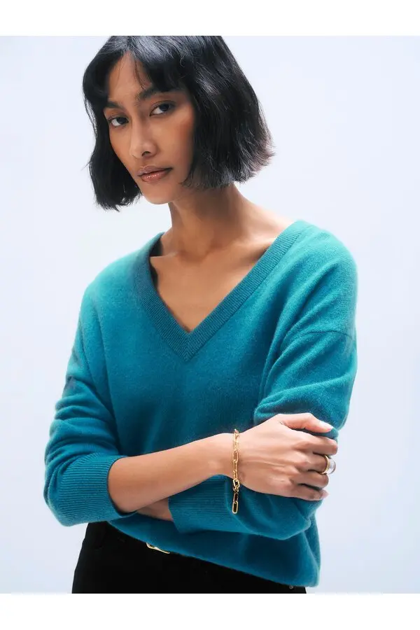 WHITE & WARREN Cashmere V-neck Sweater - Teal