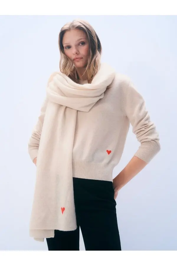 WHITE & WARREN Cashmere Heart Travel Wrap | Natural Heather/poppy - Red