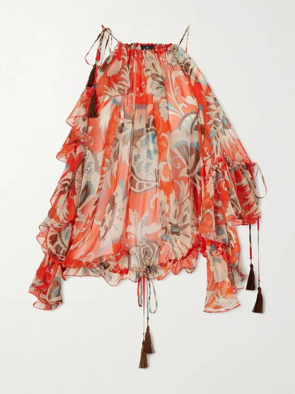 Etro Off-the-shoulder Asymmetric Tasseled Ruffled Printed Silk-chiffon Blouse - Orange