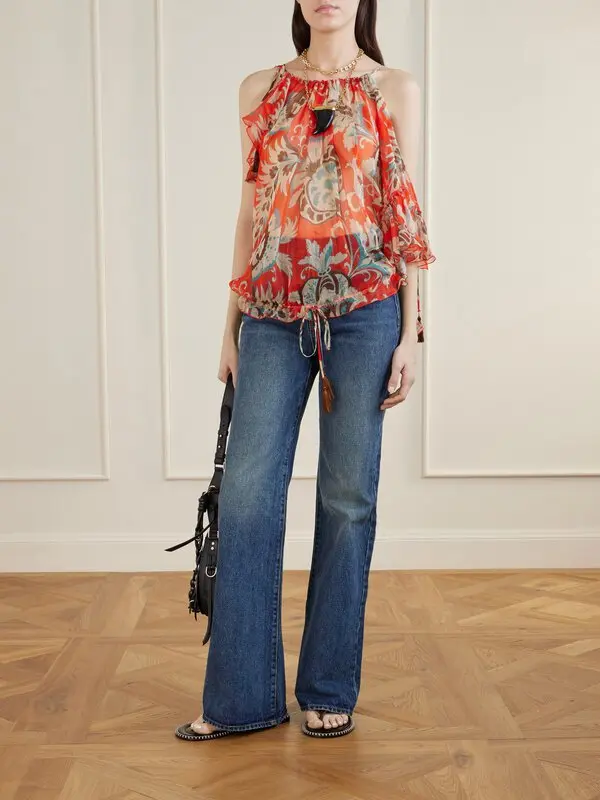 Etro Off-the-shoulder Asymmetric Tasseled Ruffled Printed Silk-chiffon Blouse - Orange
