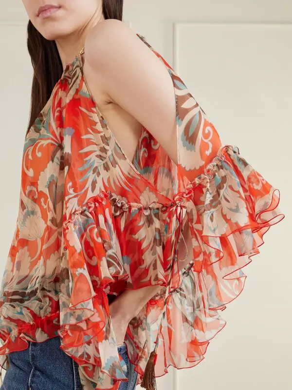 Etro Off-the-shoulder Asymmetric Tasseled Ruffled Printed Silk-chiffon Blouse - Orange