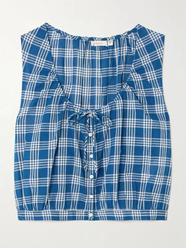 DÔEN Theo Cropped Checked Organic Cotton Top - Blue