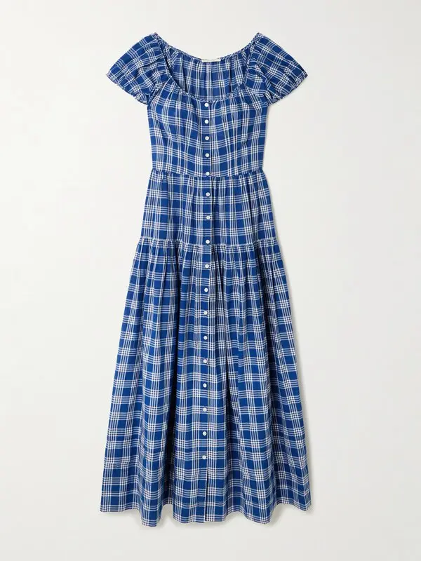 DÔEN Valenne Tiered Checked Organic Cotton Midi Dress - Blue