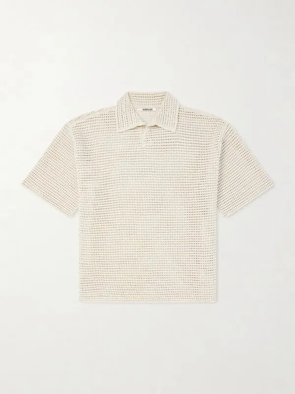 Auralee Tussah Open-knit Silk And Cotton-blend Polo Shirt - Neutrals