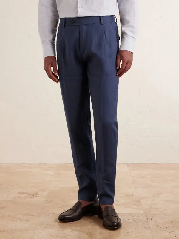 Eleventy Flat Front Chino Linen Trousers - Blue