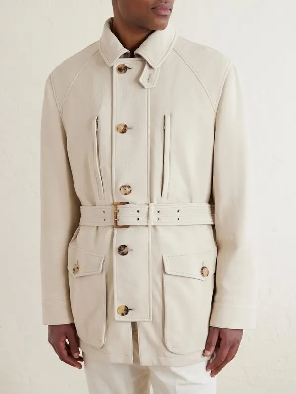 Brunello Cucinelli Belted Leather Jacket - Neutrals