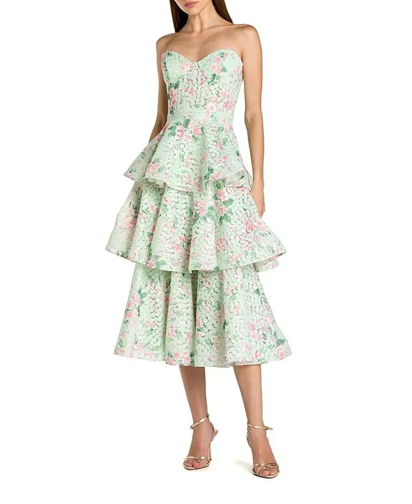 Mac Duggal Floral Net Strapless Tiered Ruffle Midi Dress