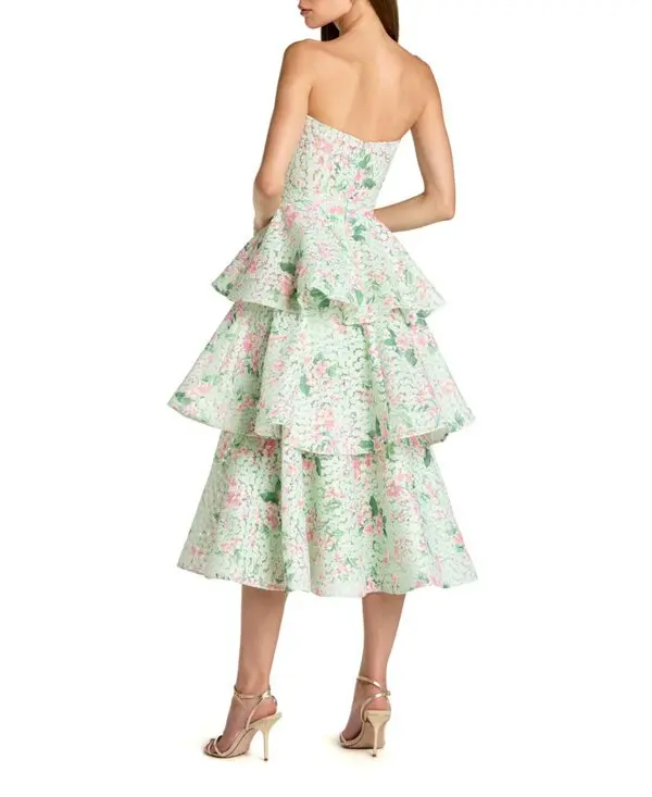 Mac Duggal Floral Net Strapless Tiered Ruffle Midi Dress