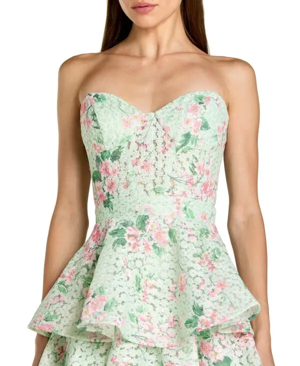Mac Duggal Floral Net Strapless Tiered Ruffle Midi Dress