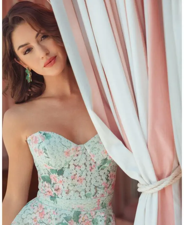 Mac Duggal Floral Net Strapless Tiered Ruffle Midi Dress