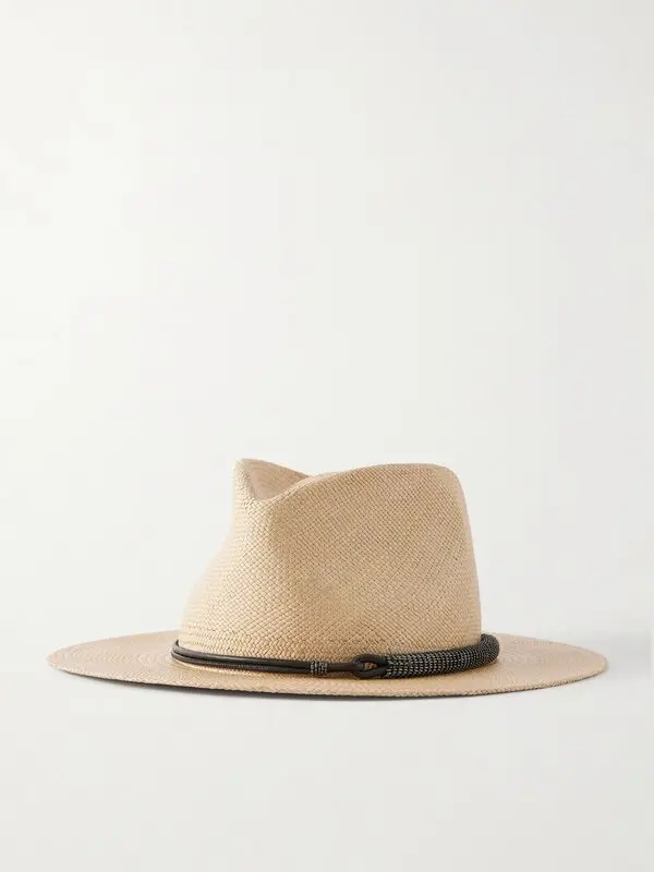Brunello Cucinelli Embellished Ribbon-trimmed Straw Fedora - Neutrals