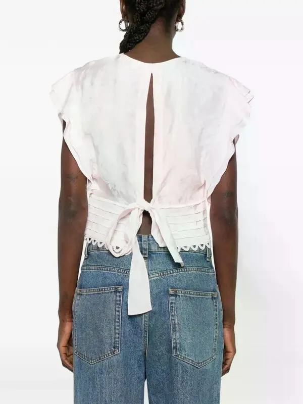 Sandro Floral Jacquard V-neck Crop Top With Ruffled Sleeves