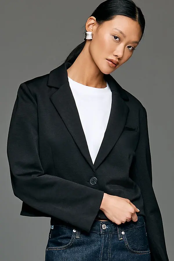 Maeve Crop Knit Blazer Jacket - Black