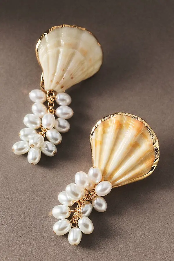Anthropologie Shell And Pearl Drop Earrings - Gold