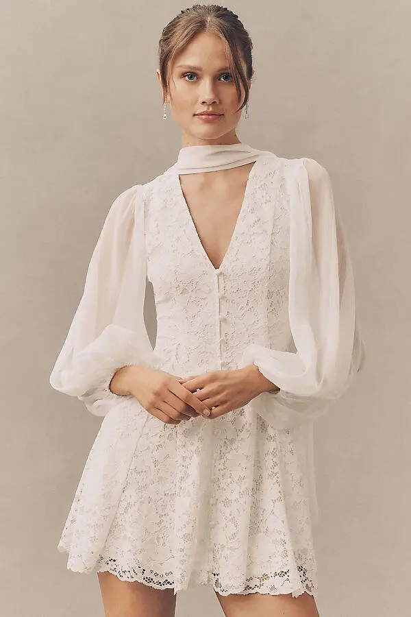 Bhldn Sheer-sleeve V-neck Mini Dress