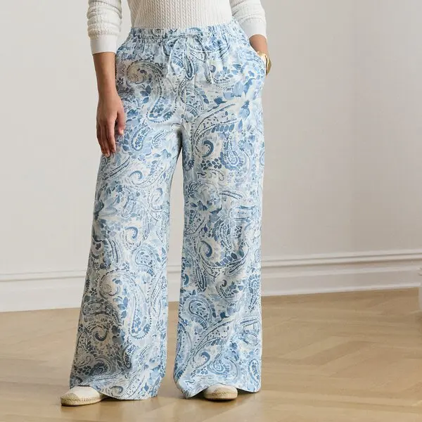 Ralph Lauren Paisley Linen Wide-leg Pants - White/blue