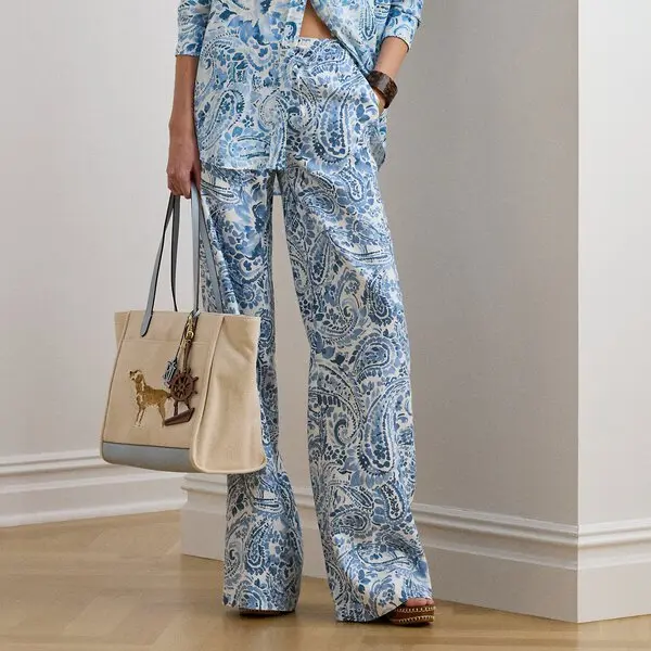 Ralph Lauren Paisley Linen Wide-leg Pants - White/blue
