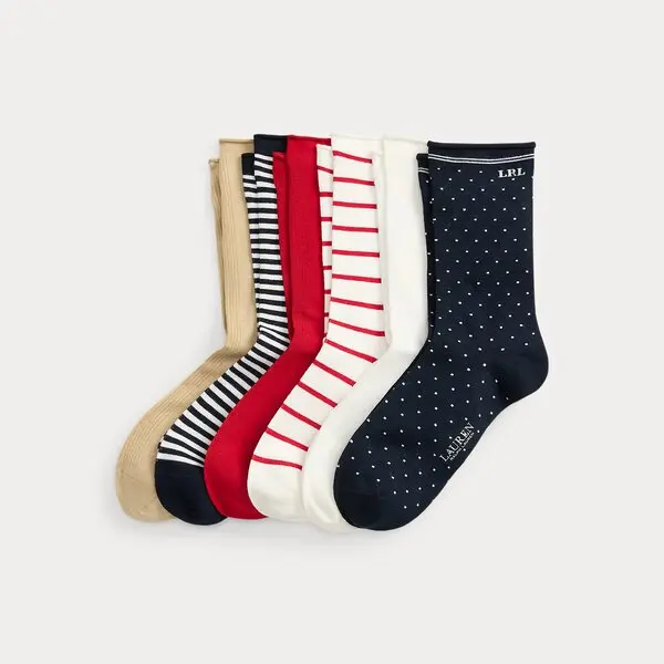 Ralph Lauren Striped & Polka-dot Roll-top Sock 6-pack - Navy/ivory/red