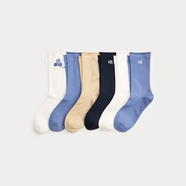 Ralph Lauren Floral & Logo Roll-top Sock 6-pack - Ivory/blue/tan/navy